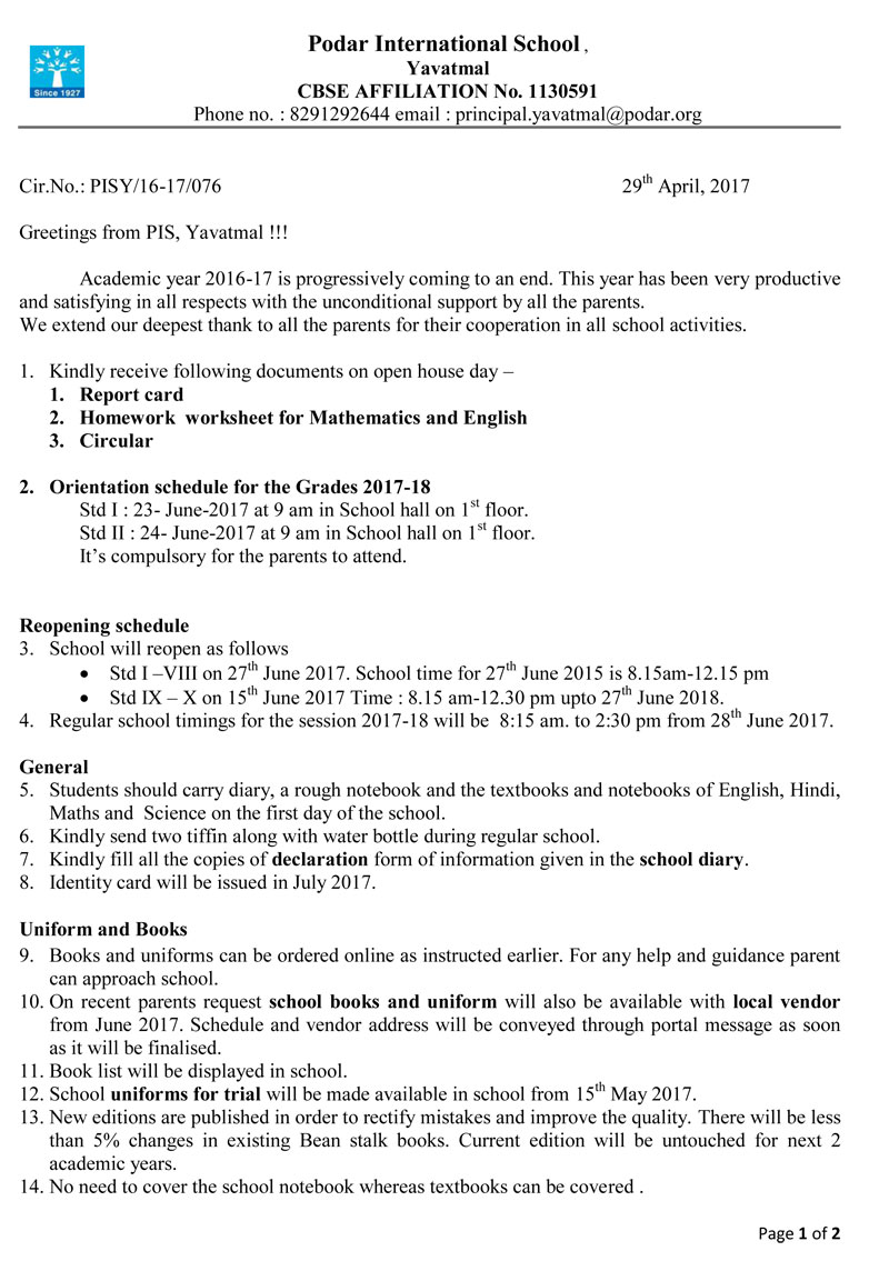 Circular No. 76 : Notice on Open house day dated 29 April 2017 | Podar News